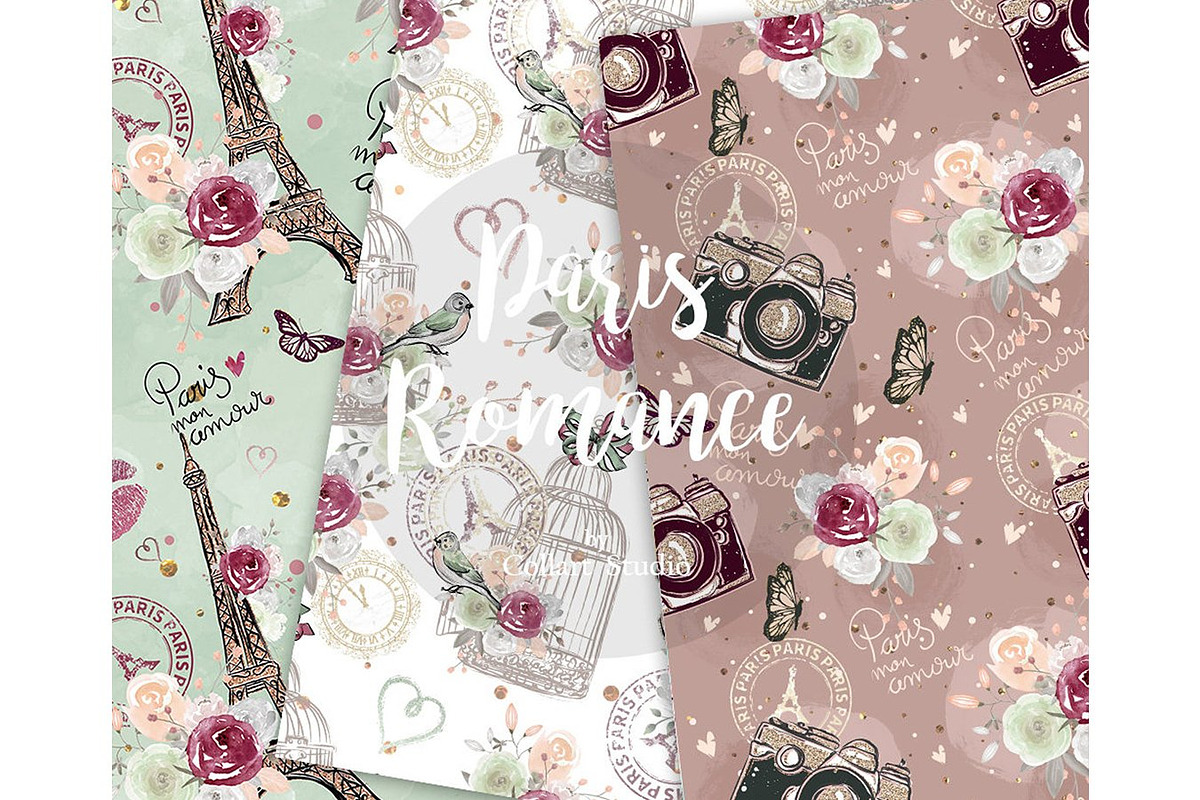 Paris digital paper, romantic papers, a Pattern Graphic by Collart Studio