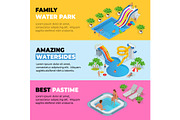 Aquapark horizontal web banners with different water slides, family ...