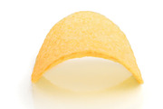 Single potato chip on white background closeup containing crisps ...