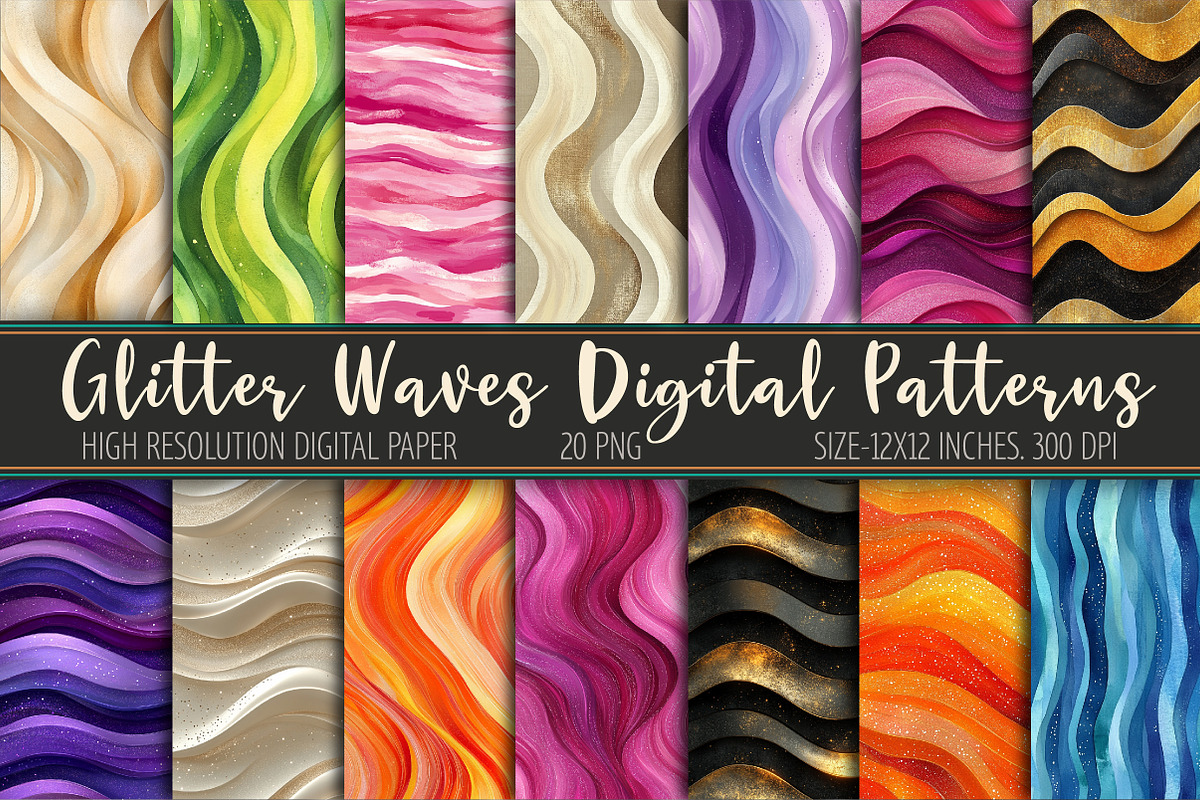 Glitter Waves Digital Papers, a Pattern Graphic by Libby Wishes