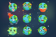 Cute funny world Earth emoji showing different emotions set of colorful ...