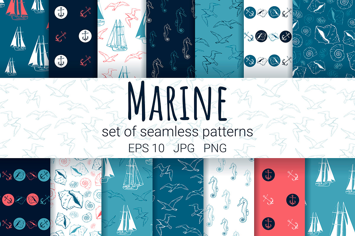 Marine Set of Seamless Patterns, a Pattern Graphic by HmarkaShop