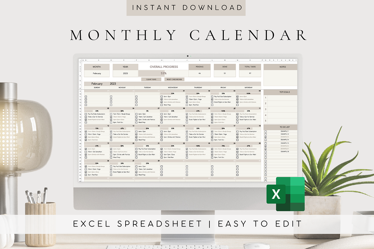 Monthly Calendar Excel Template, a Templates & Theme by BRANDcontent