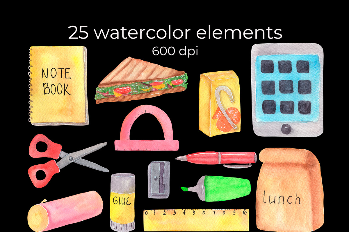 School supplies watercolor clipart, an Education Illustration by ...