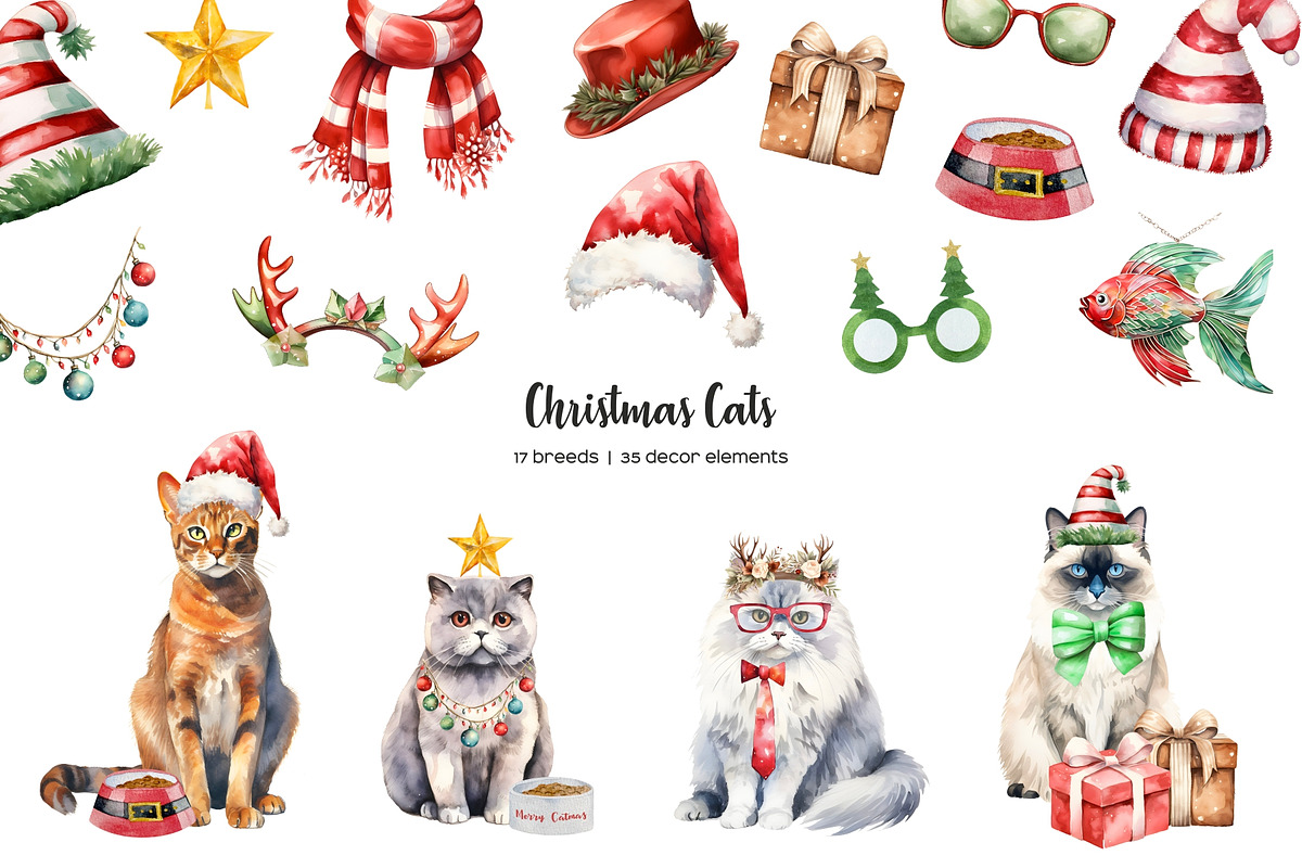 Watercolor Christmas cat clipart, an Animal Illustration by Art and Funny