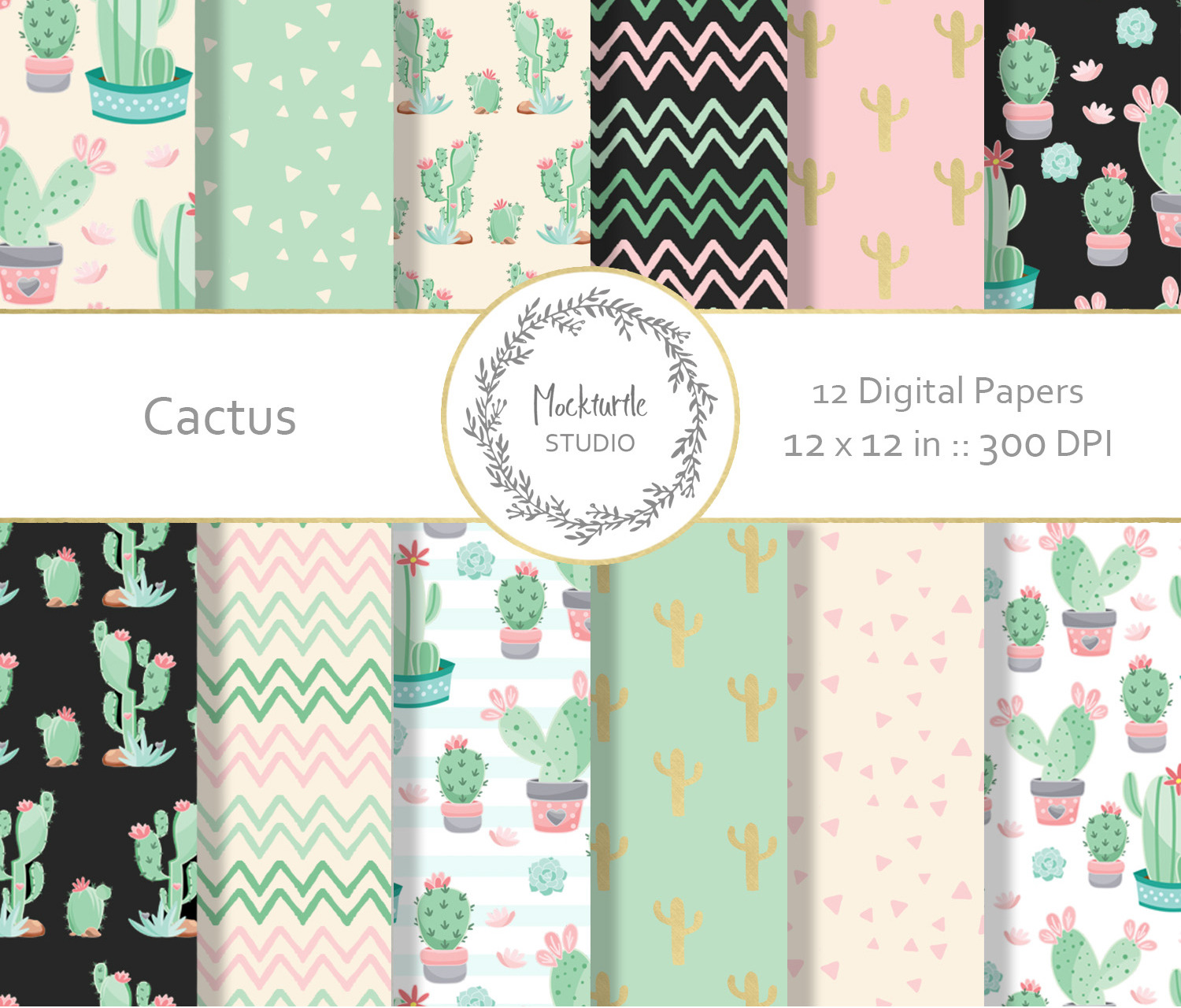 Cactus digital paper pattern, a Pattern Graphic by MockTurtleStudio