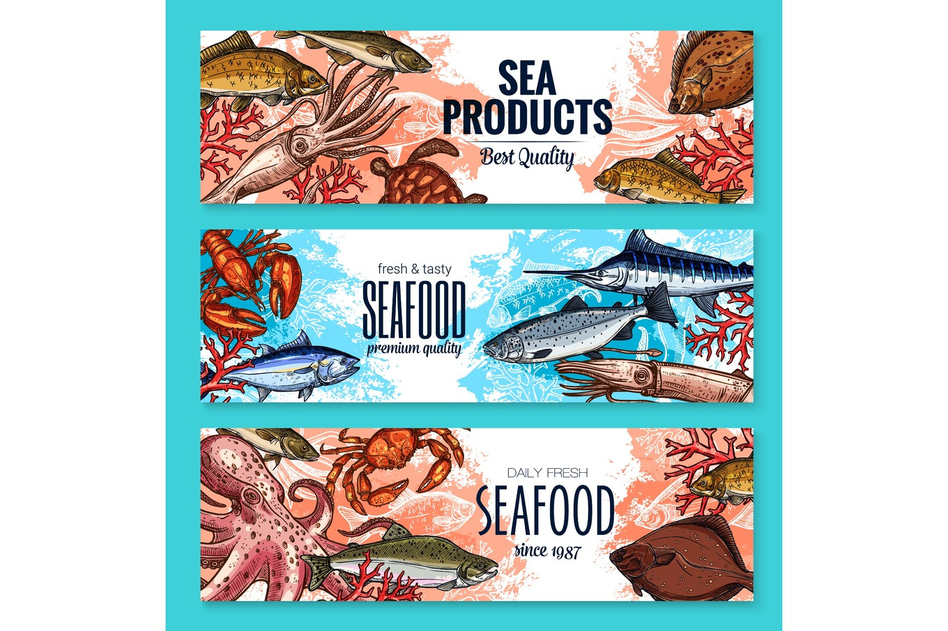 Vector sketch banners for seafood fish food market, an Animal ...