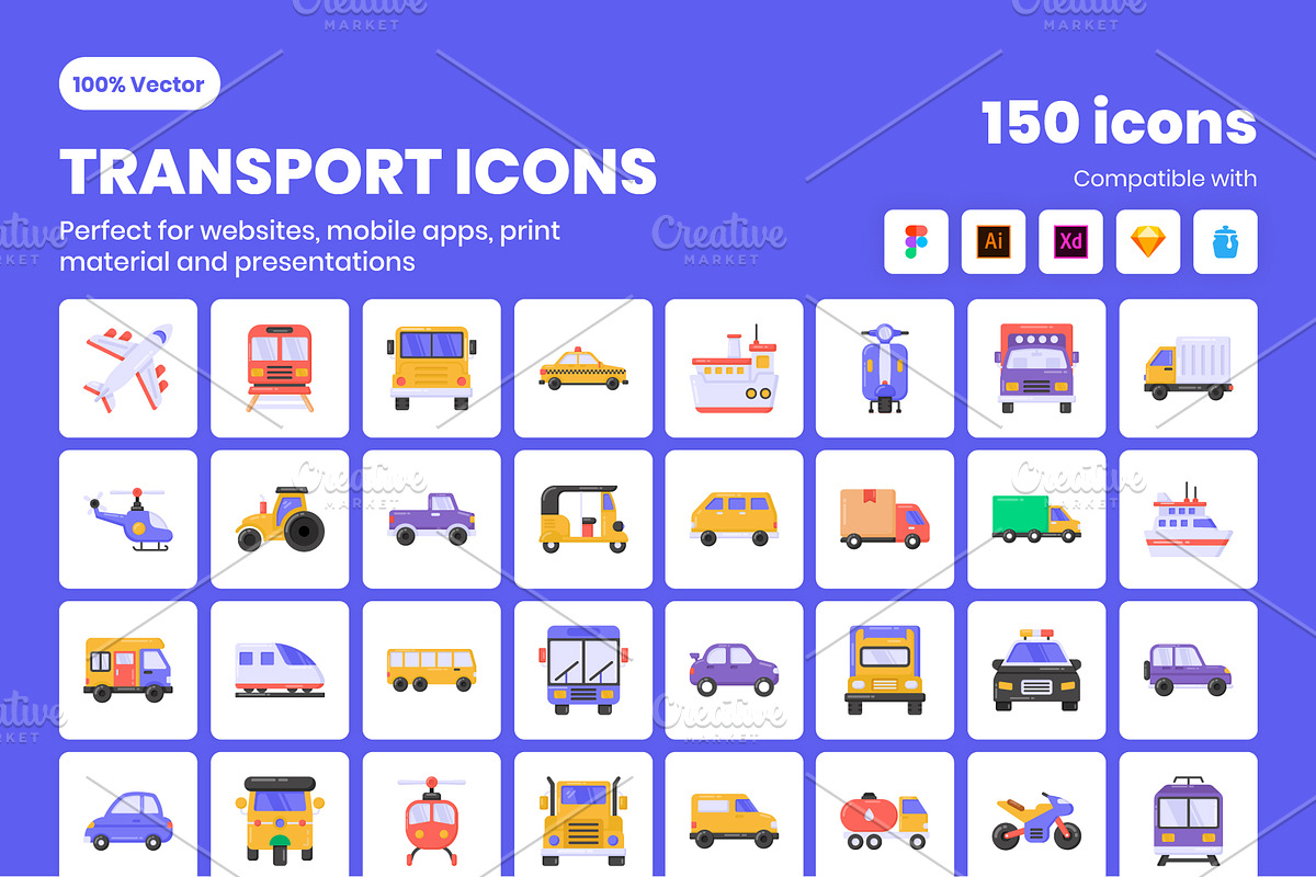 150 Flat Transport Icons | Creative Market
