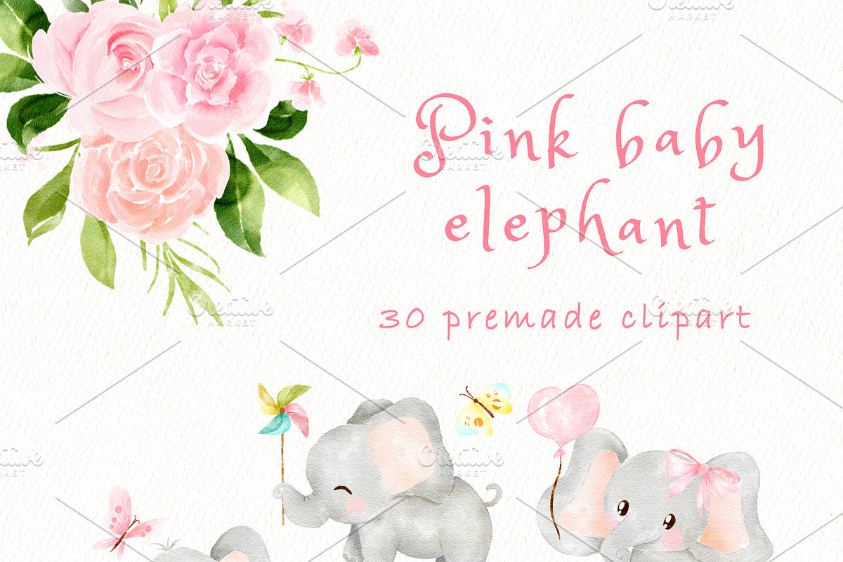 Baby elephant pink clipart