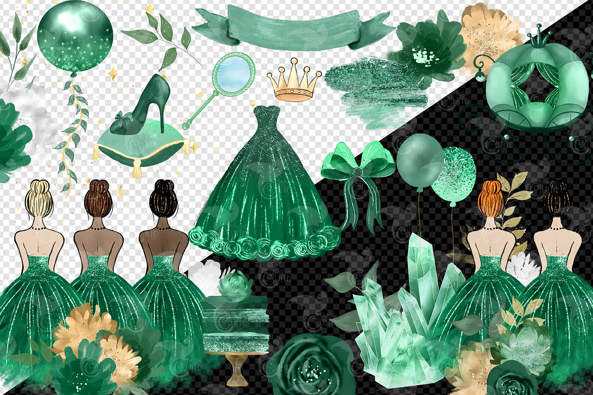 Emerald Watercolor Princess Clipart, an Illustration by Digital Curio