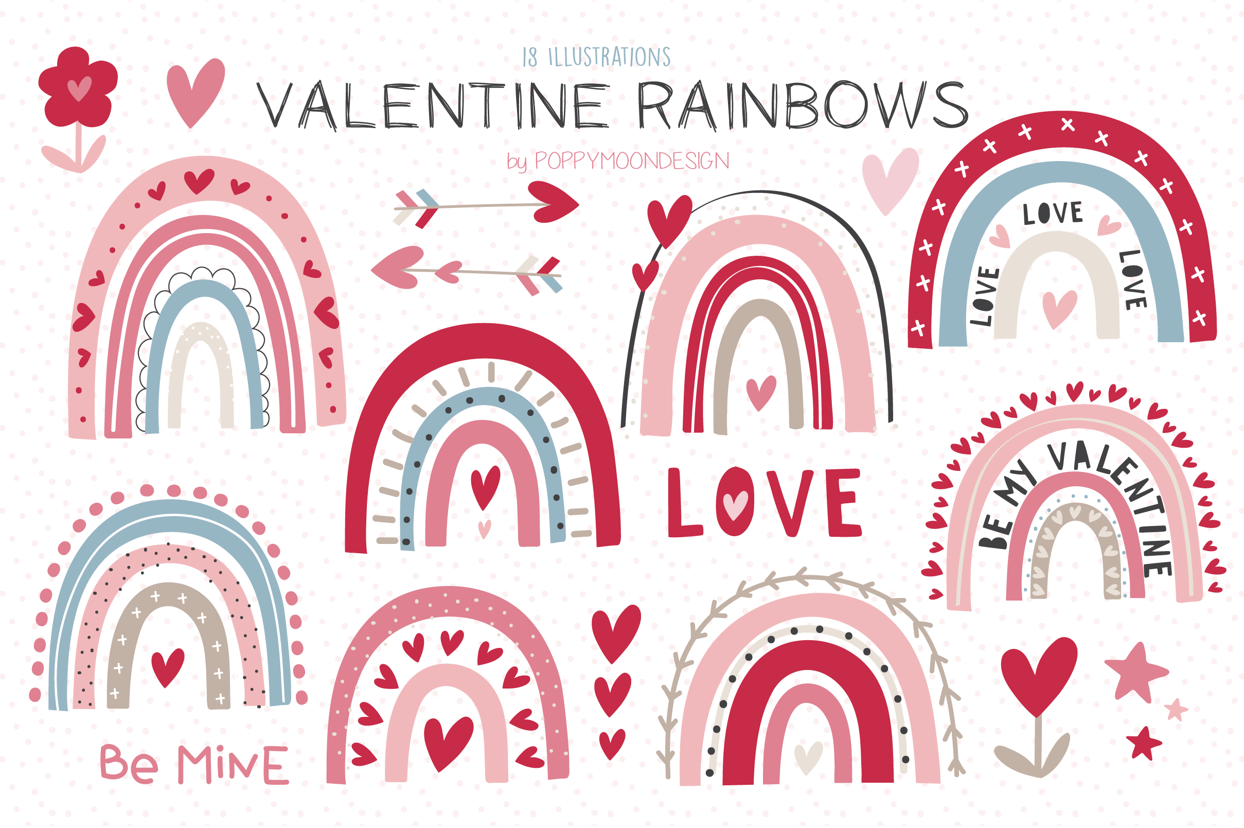 Valentine Rainbows clipart set, an Illustration by Poppymoondesign ...