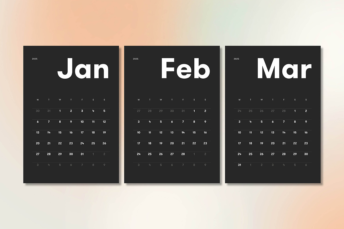 Minimalist monthly calendar for 2025