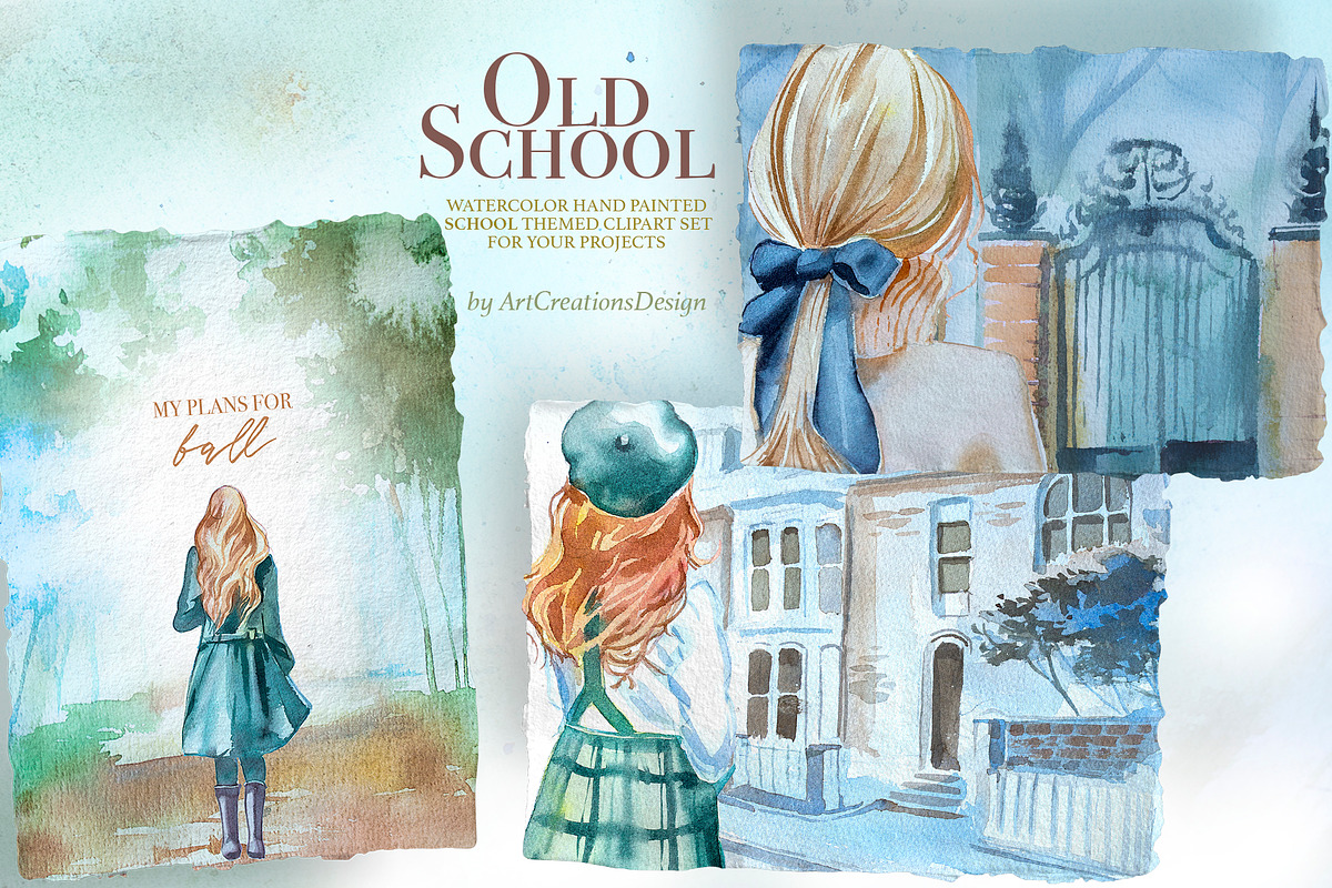 Watercolor Old School Clipart Set, a Seasonal Illustration by ...