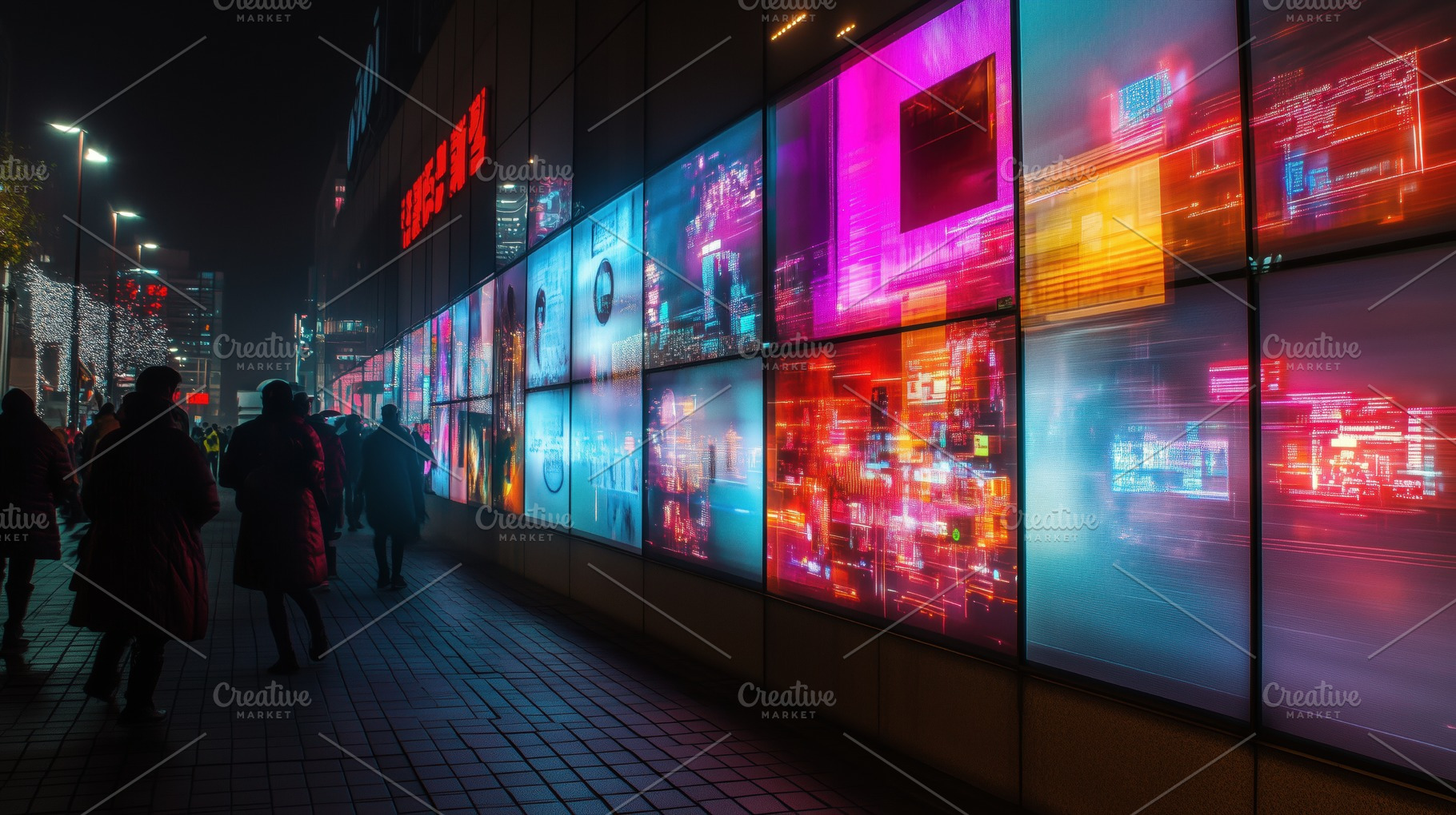 A vibrant urban scene at night featuring a wall of illuminated digital ...