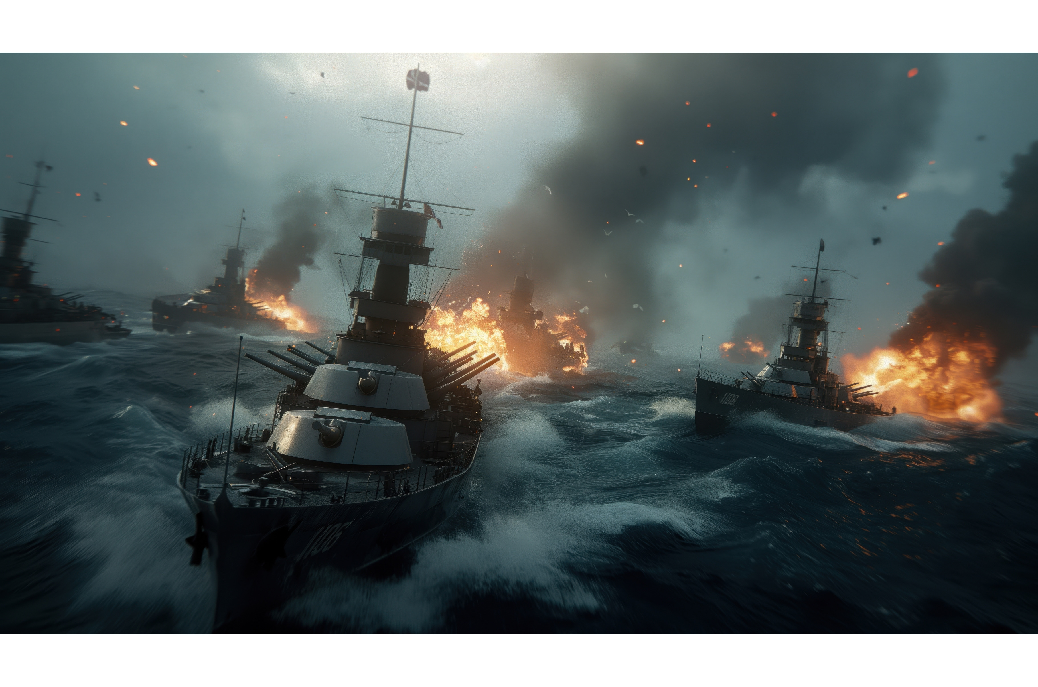 Dramatic naval battle scene with, an Illustration by Sergey Kotenev