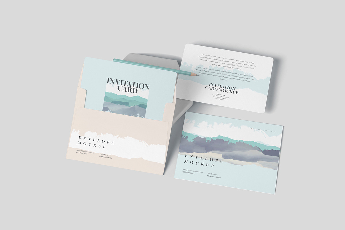 Invitation Card & Envelope Mockups, a Product Mockup by GfxFoundry