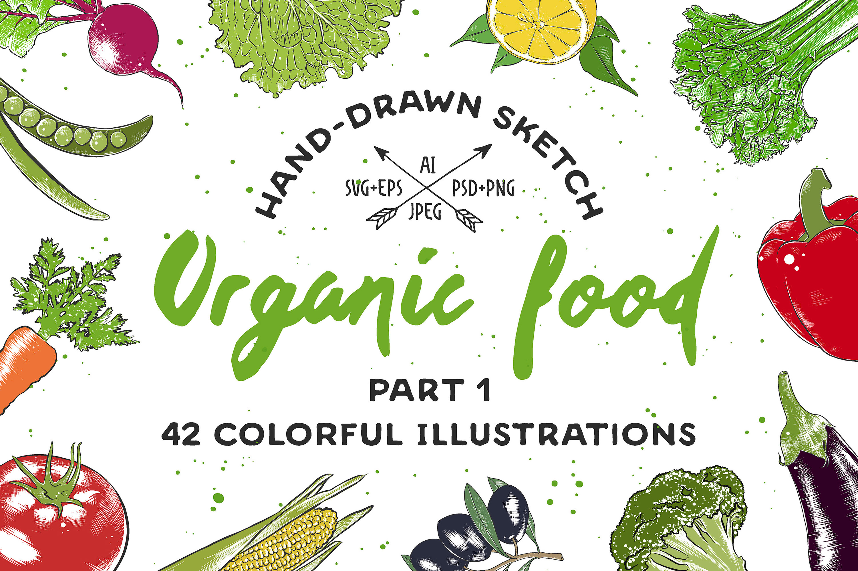 Set of 42 organic food sketches, a Food Illustration by Akimo Mia