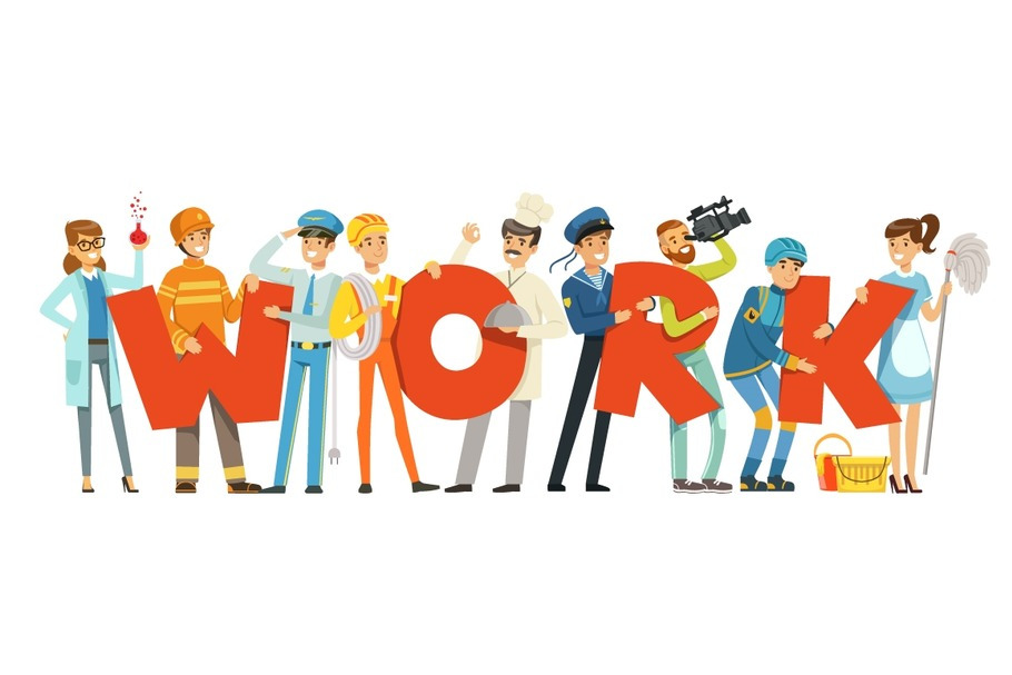 Group of smiling people in sport uniform holding the word Work cartoon ...