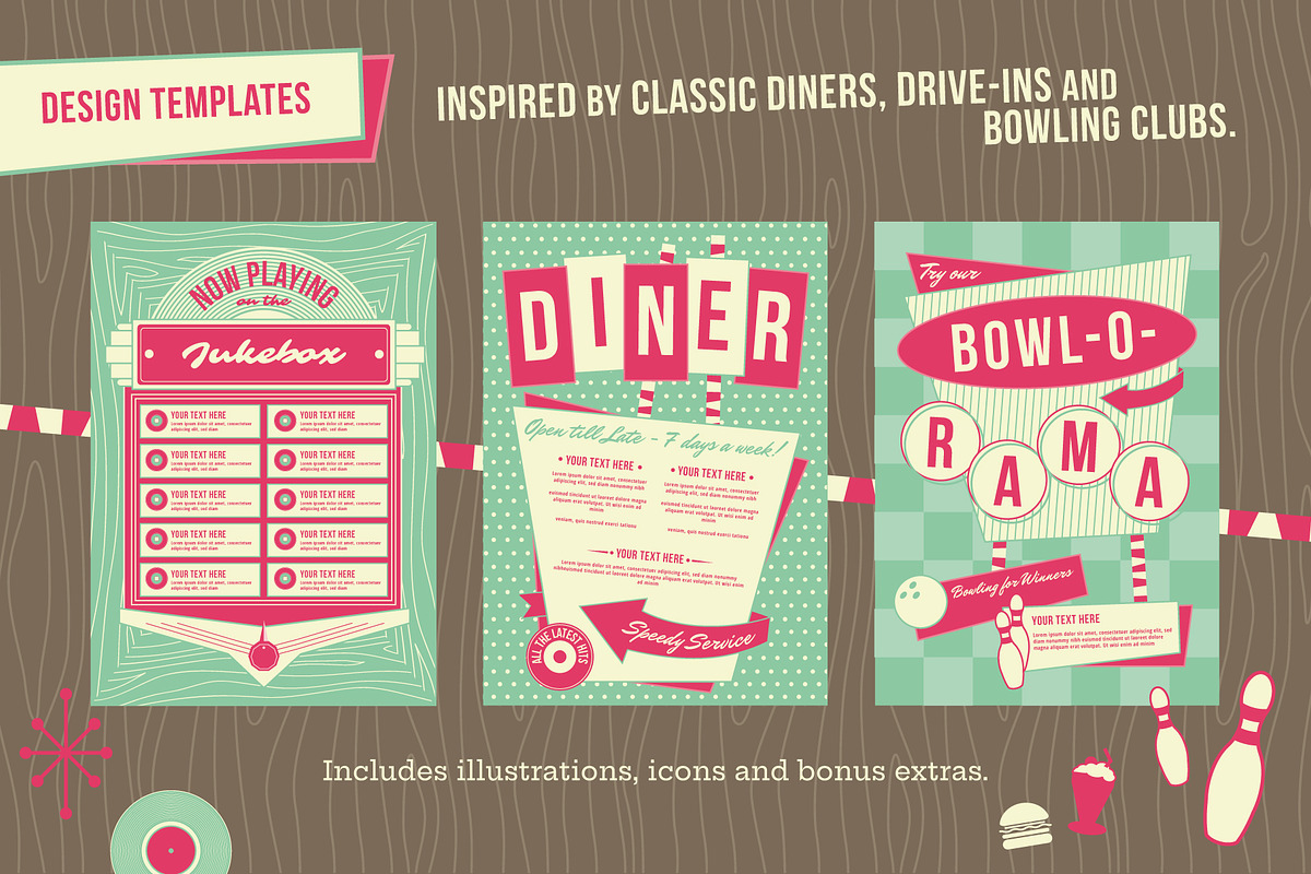 1950s Retro Diner Design Templates, an Illustration by Wingsart Studio