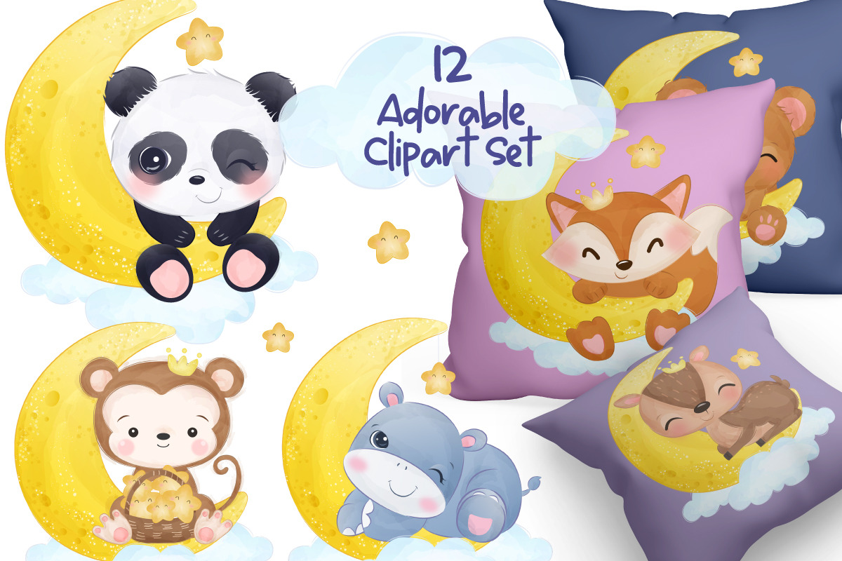 Cute Animals in Watercolor Clipart Set