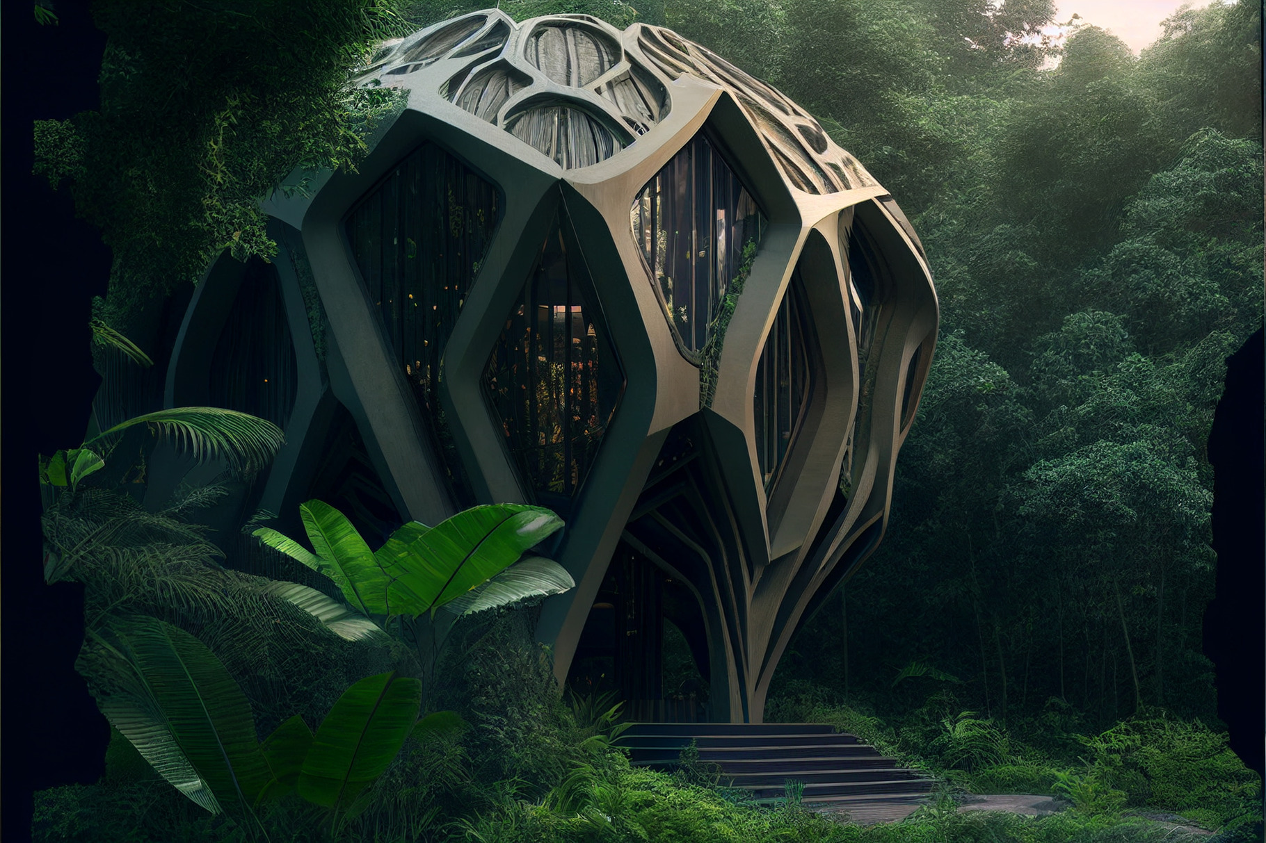Eco green architecture solarpunk futuristic building in forest a, a ...