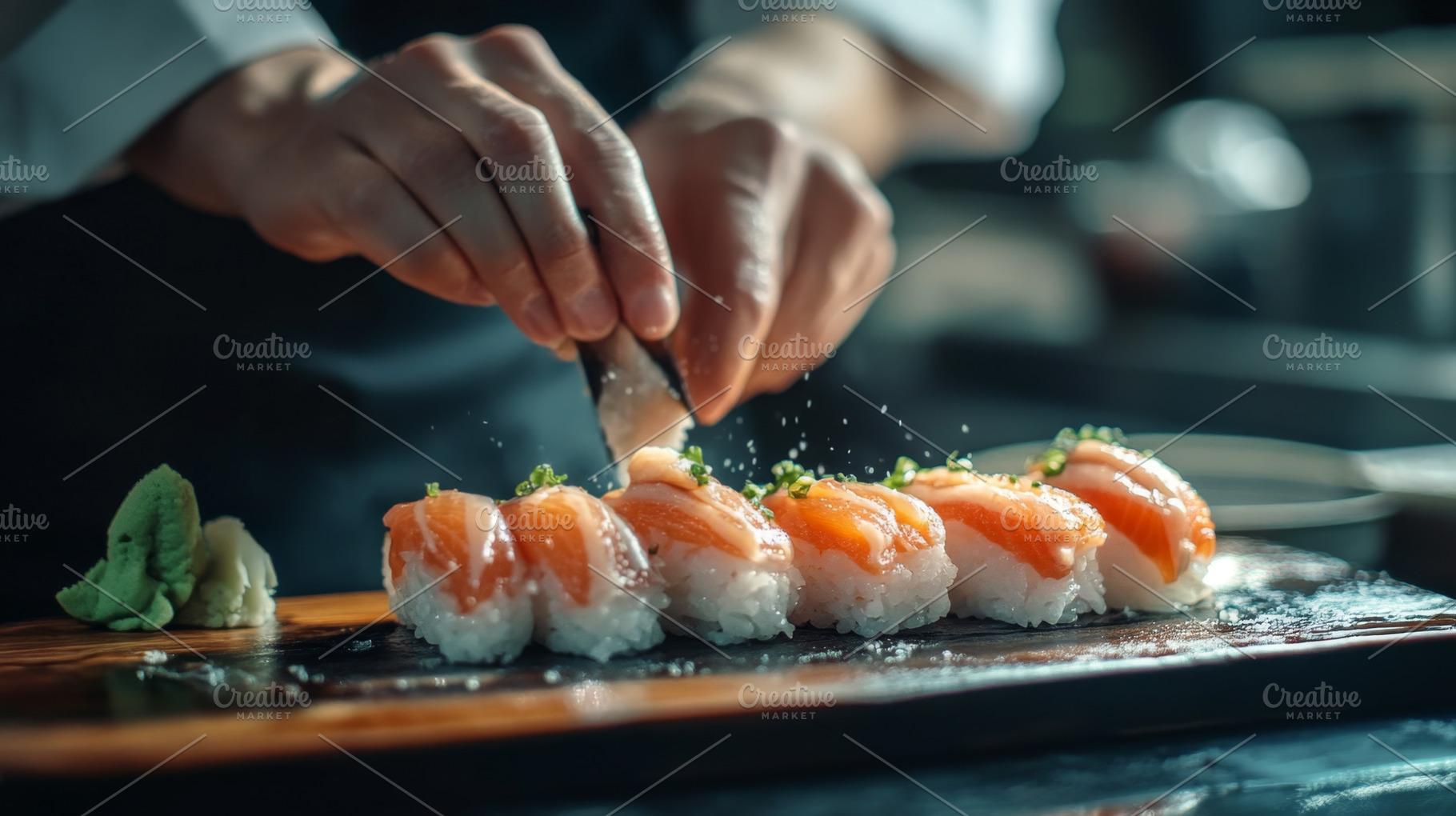 Chef Garnishing Fresh Nigiri Sushi with Green Onion, an Abstract Photo ...
