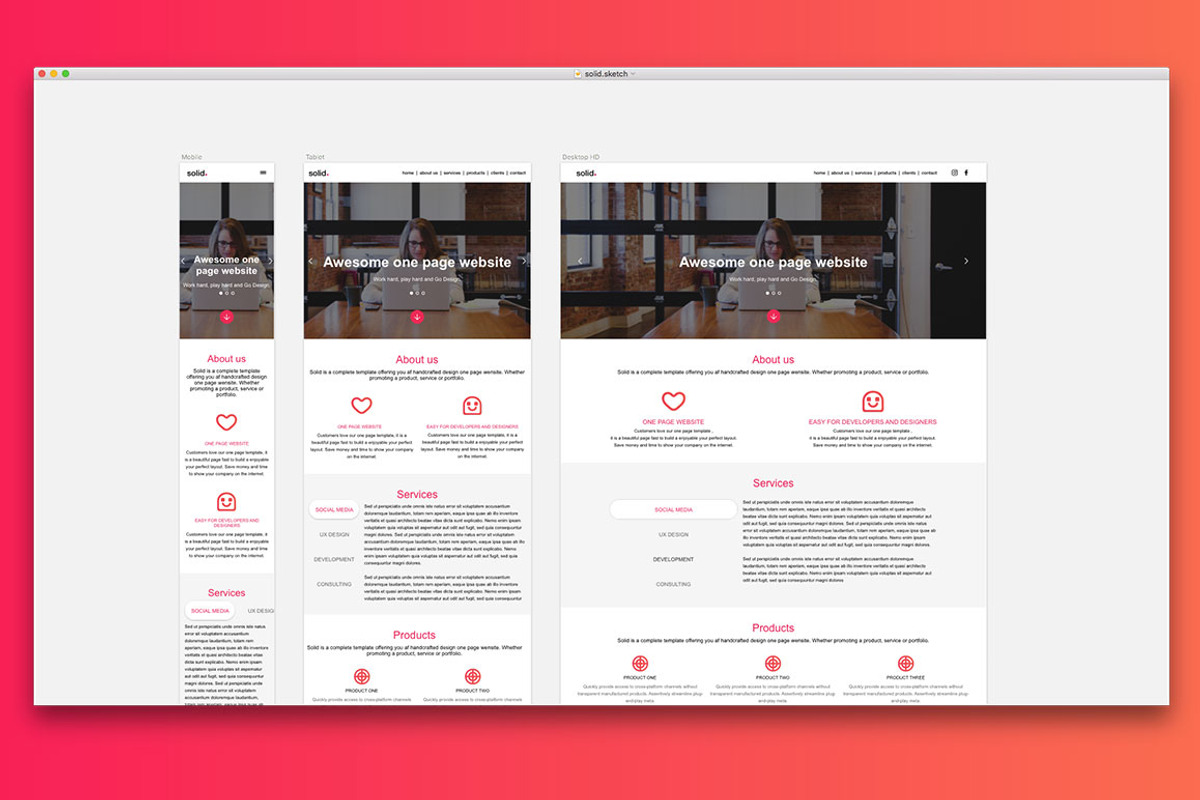 Solid Responsive Template on Sketch, an UI Kit Template by mockupeasy