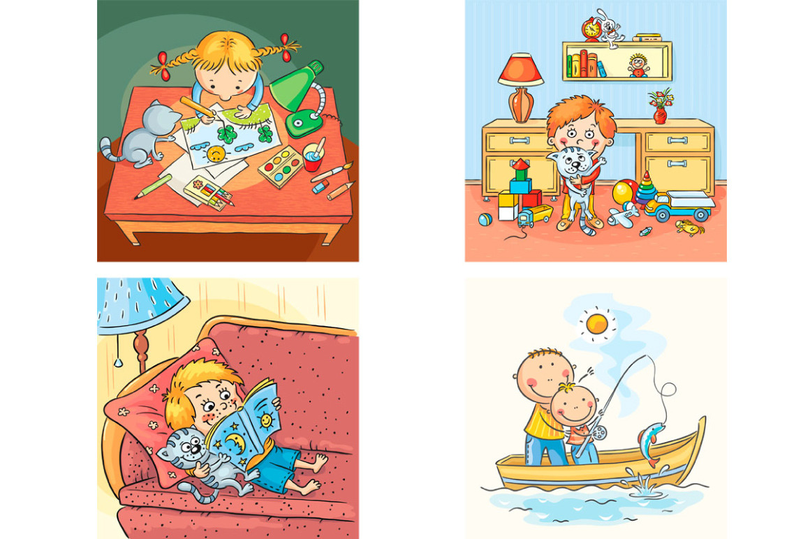 Set of 4 pictures with kids, an Illustration by Bubert Art