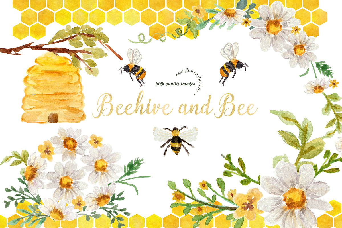 Beehive and Honey Bee Clipart, an Illustration by Sunflower Day Love