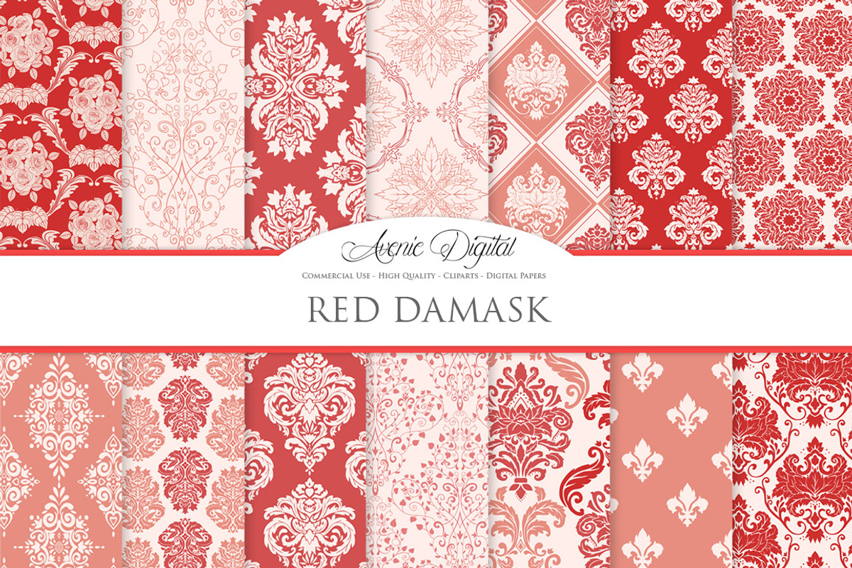 28 Red Damask Digital Papers, a Pattern Graphic by Avenie Digital