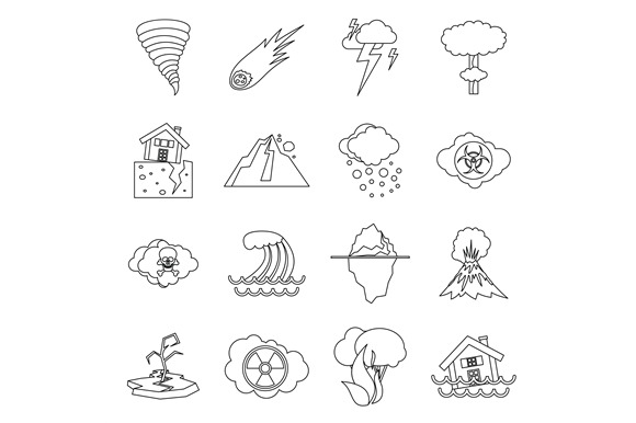 Natural disaster icons set, an Outline Icon by Ylivdesign