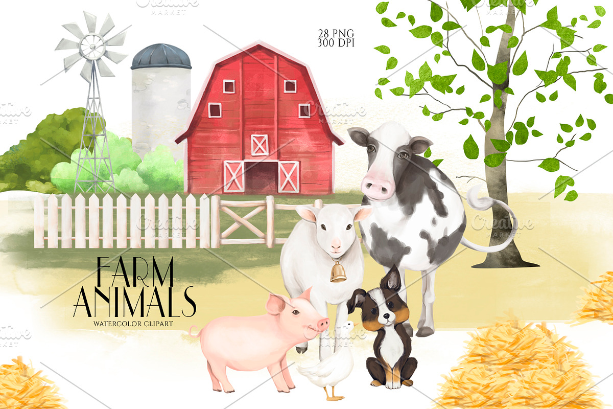 Farm Animals Watercolor Clipart, an Animal Illustration by StudioBeeArt