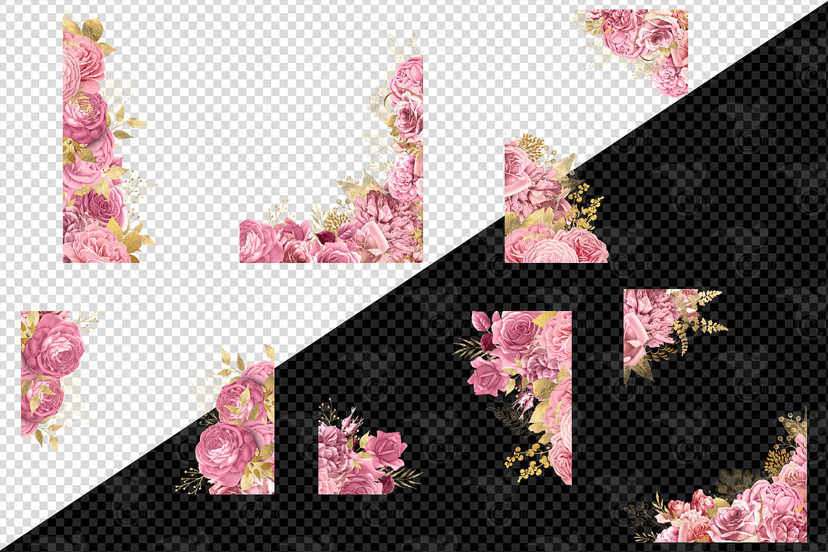 5x7 Pink and Gold Floral Overlays, an Illustration by Digital Curio