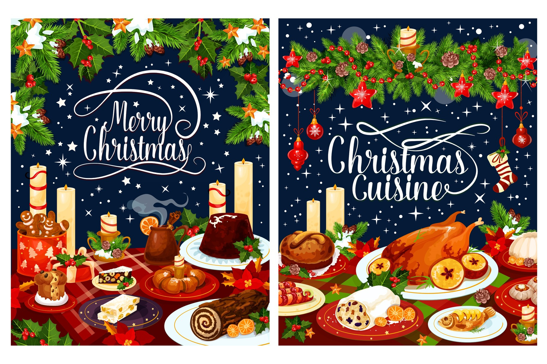 Christmas dinner poster of festive dishes on table | Food Illustrations ...