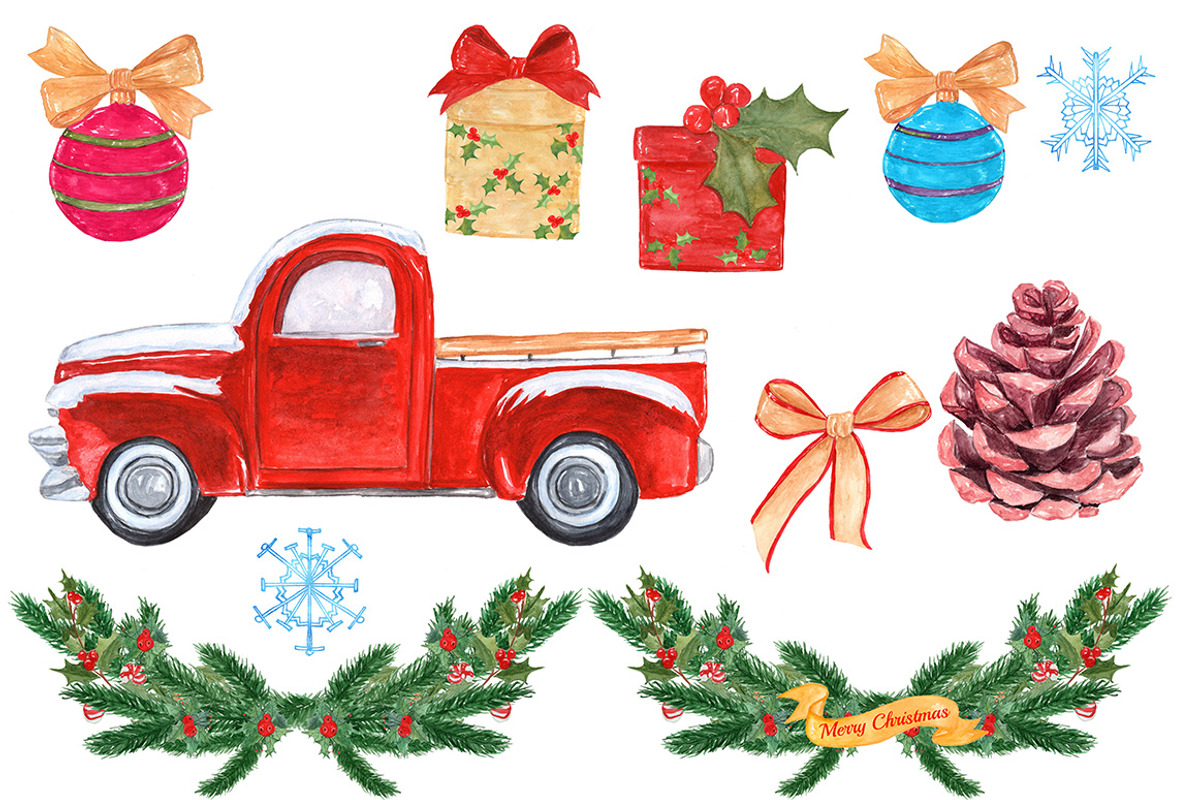Watercolor Christmas truck clipart, an Illustration by vivastarkids