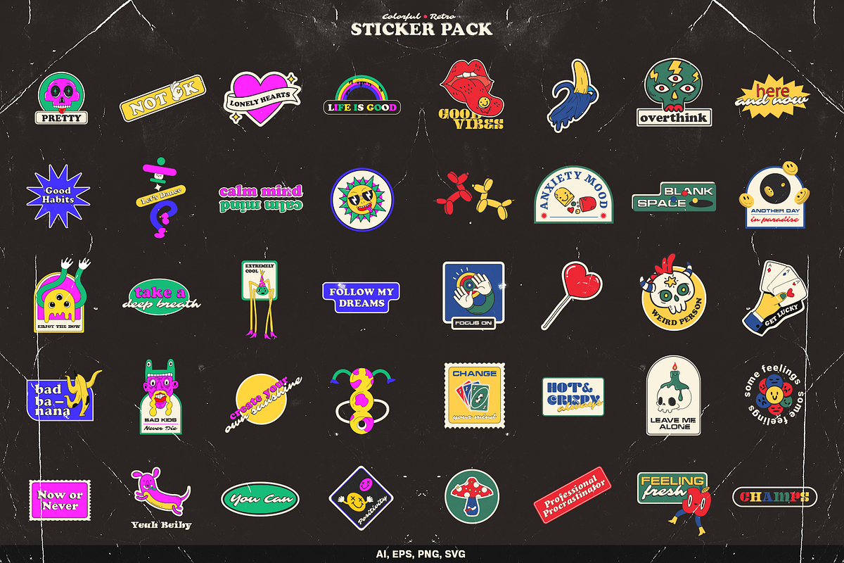 Colorful and Retro Sticker Pack, a Graphic by Dirtybarn | Creative Market