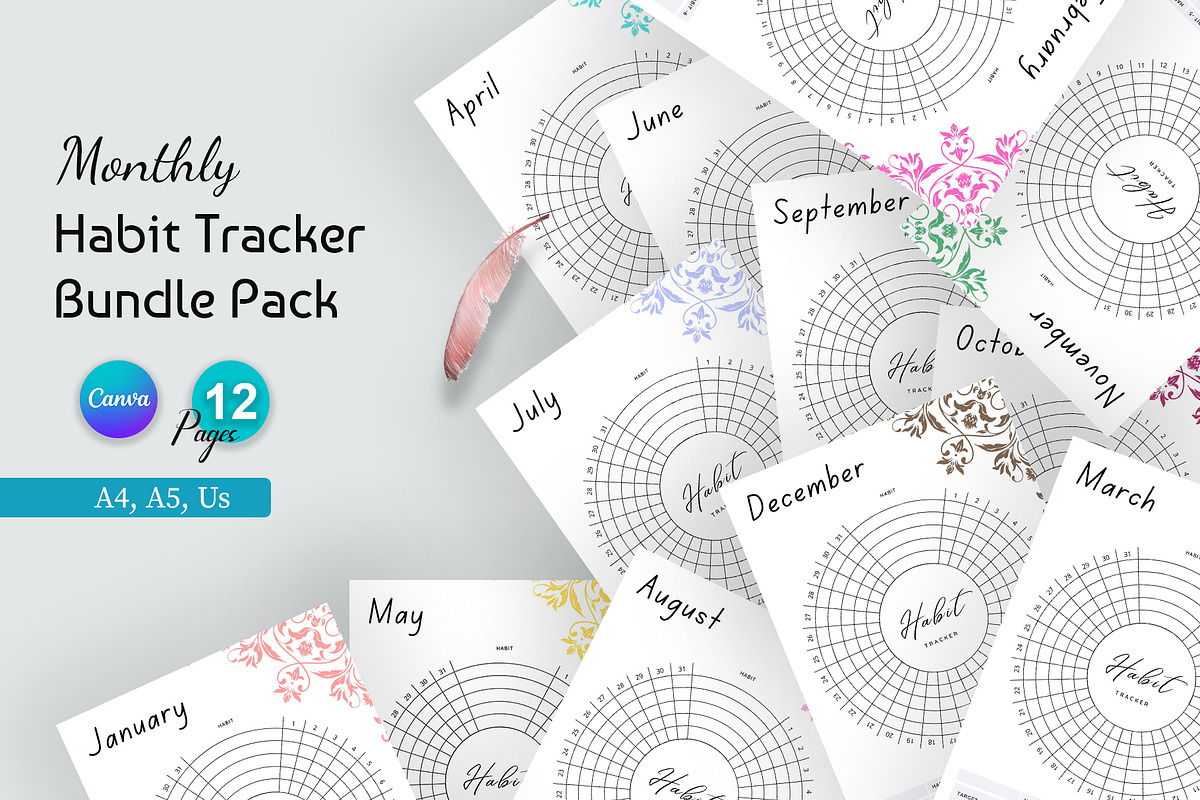Monthly Habit Tracker Bundle Pack, a Stationery Template by Design Zone
