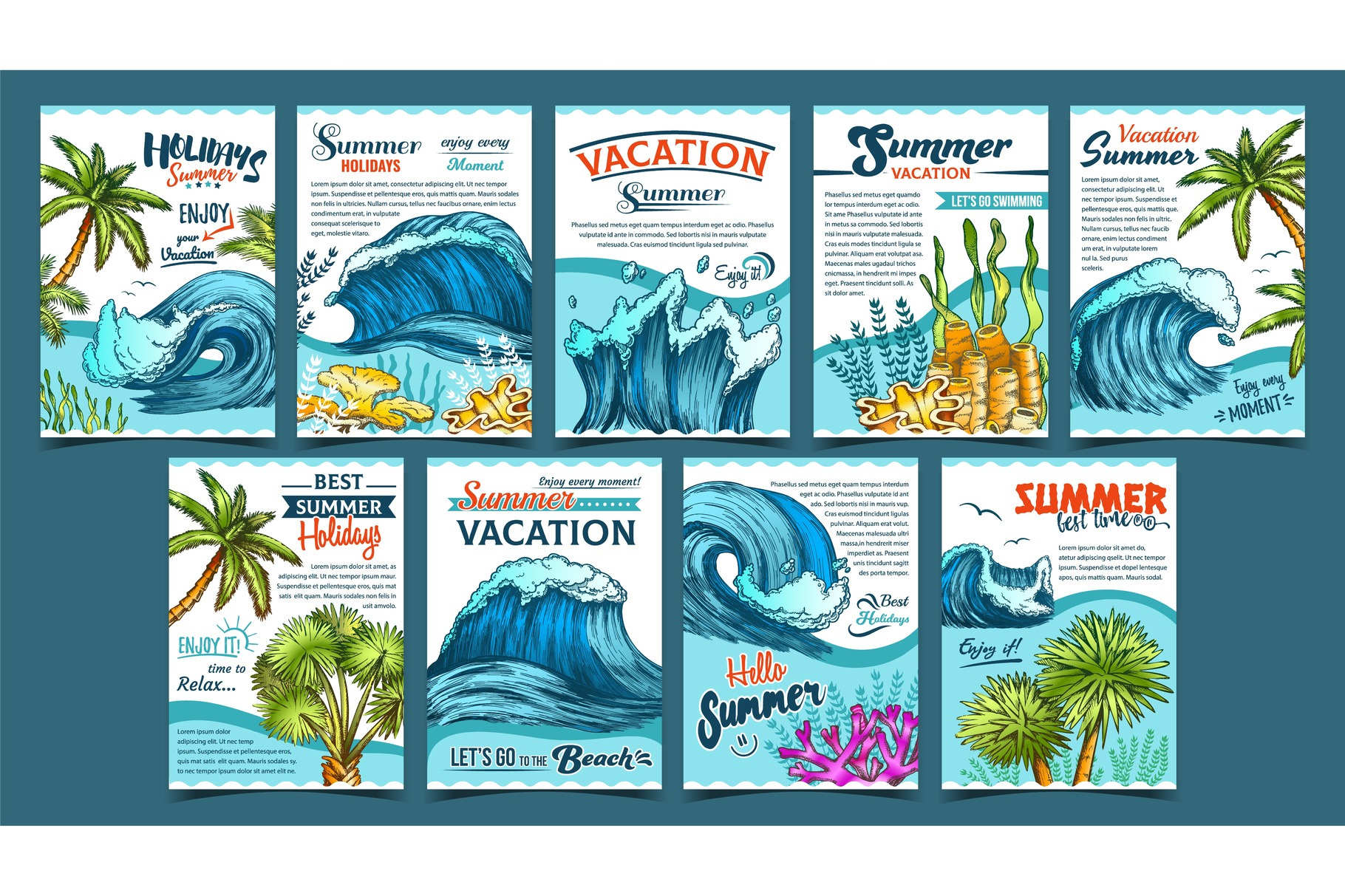 Wave, Palm Trees And Seaweeds Banner, an Illustration by pikepicture