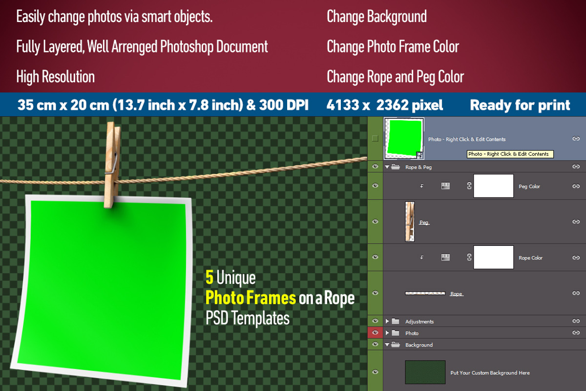Photo Frames on a Rope PSD Mockup, a Print Template by Creative Graphics