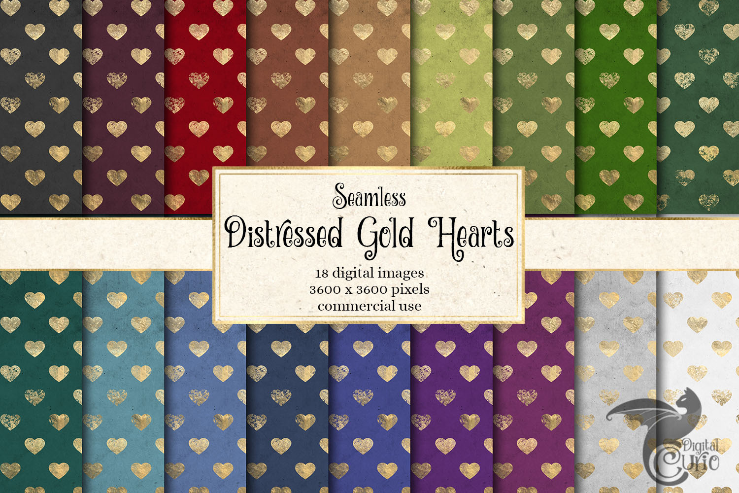 Distressed Gold Hearts Digital Paper, a Pattern Graphic by Digital Curio