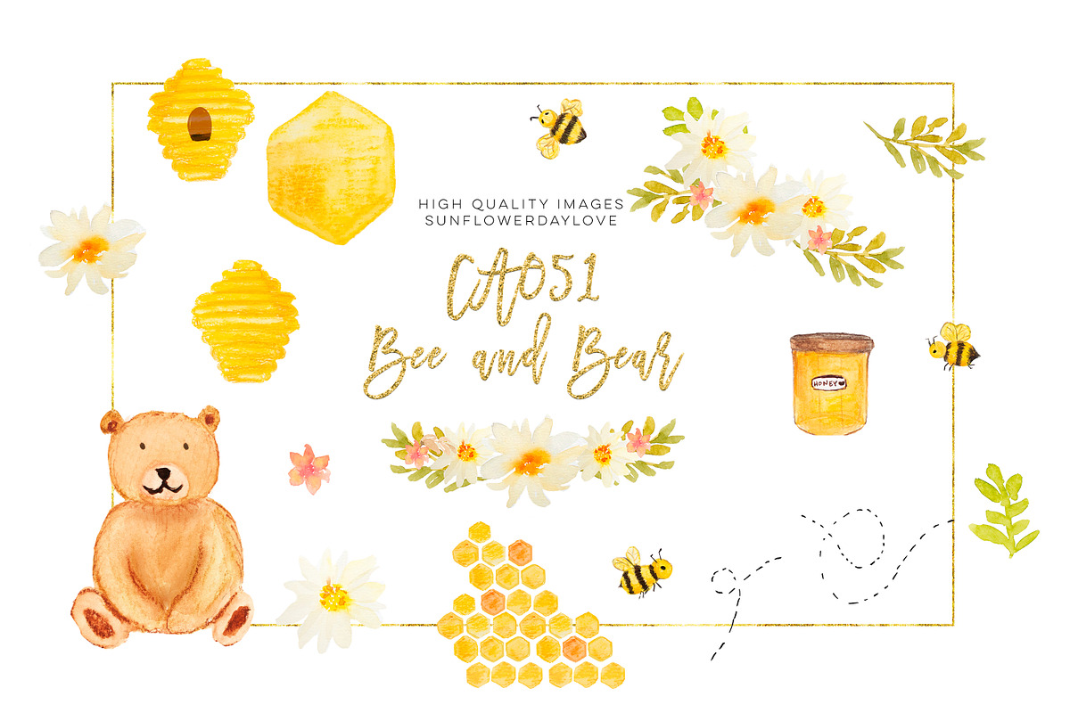 Watercolor bees and honey clipart, an Illustration by Sunflower Day Love