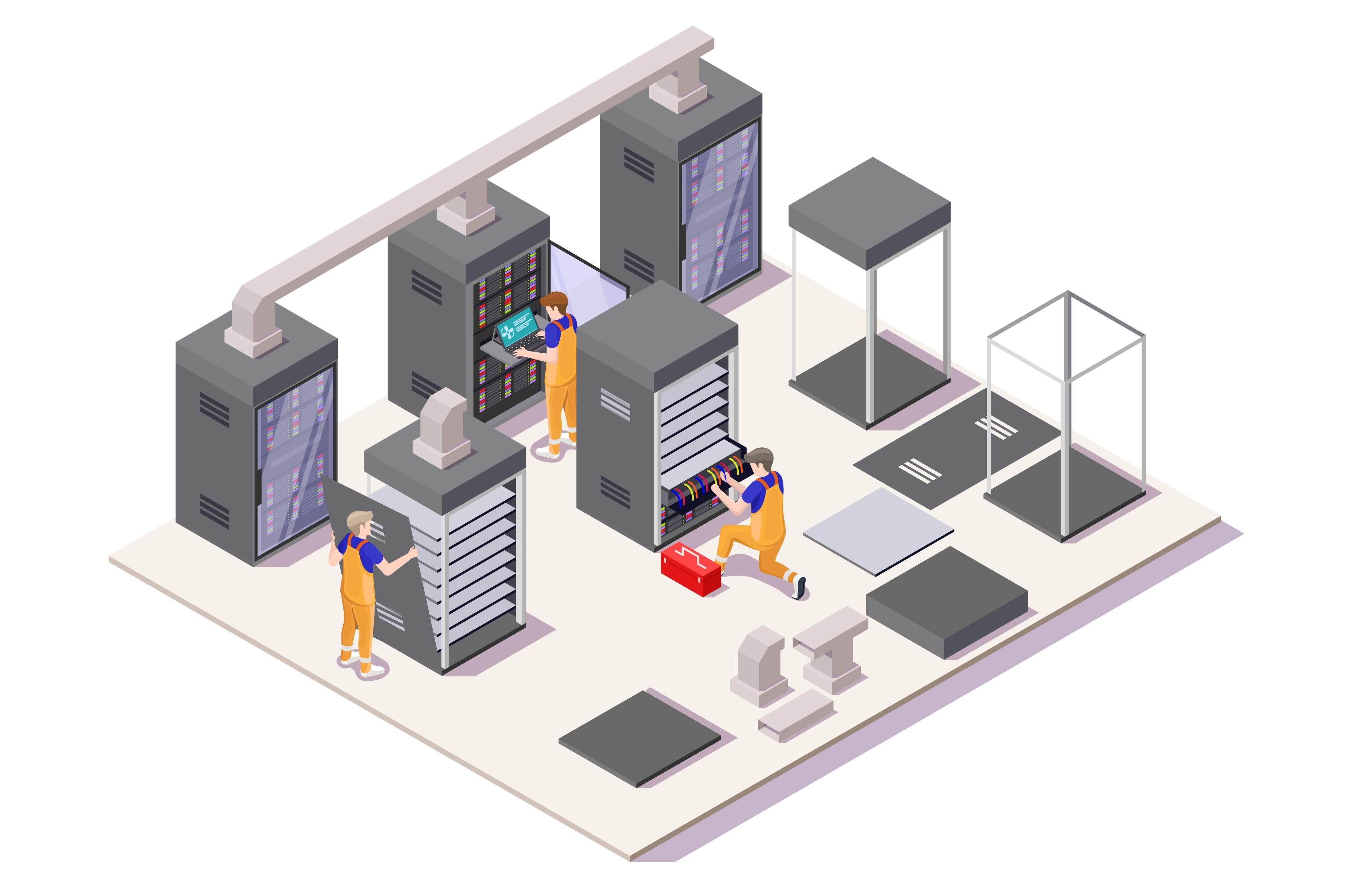 Engineers installing servers in data | Technology Illustrations ...