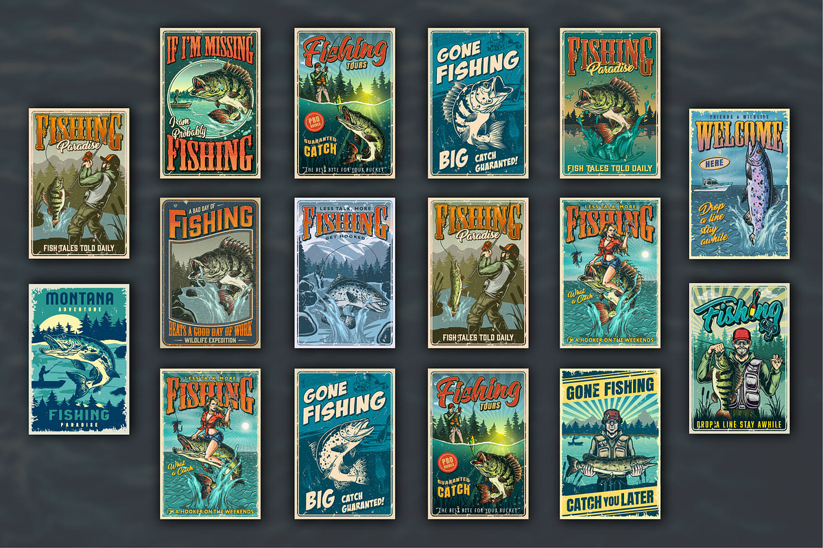 16 Fishing posters, a Brochure Template by DGIM studio