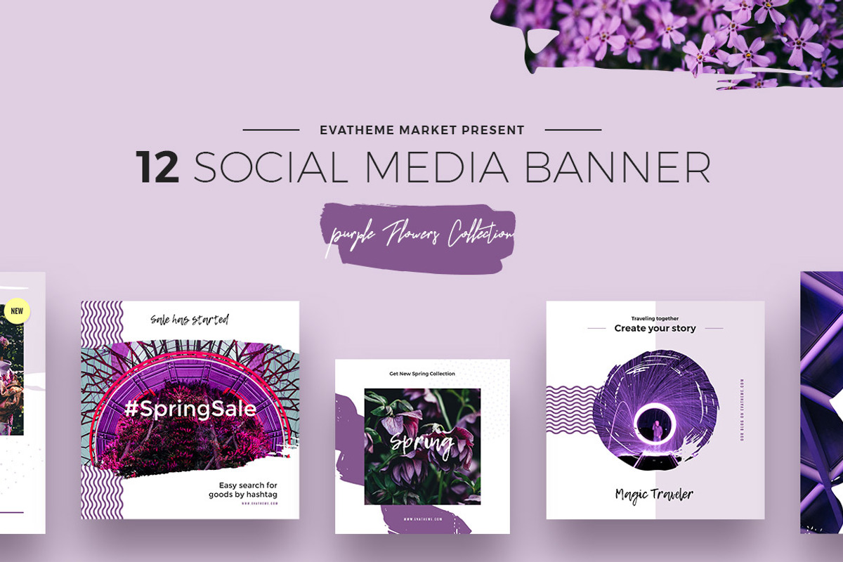 Purple Flowers Social Media Designs, a Social Media Template by Creatoly