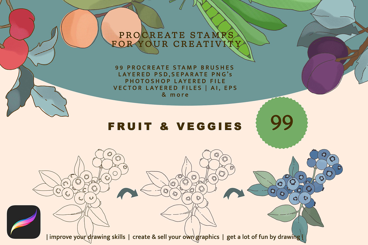Fruit & Veggies Procreate Stamps, a Brush Add-On by Pink Studio Art