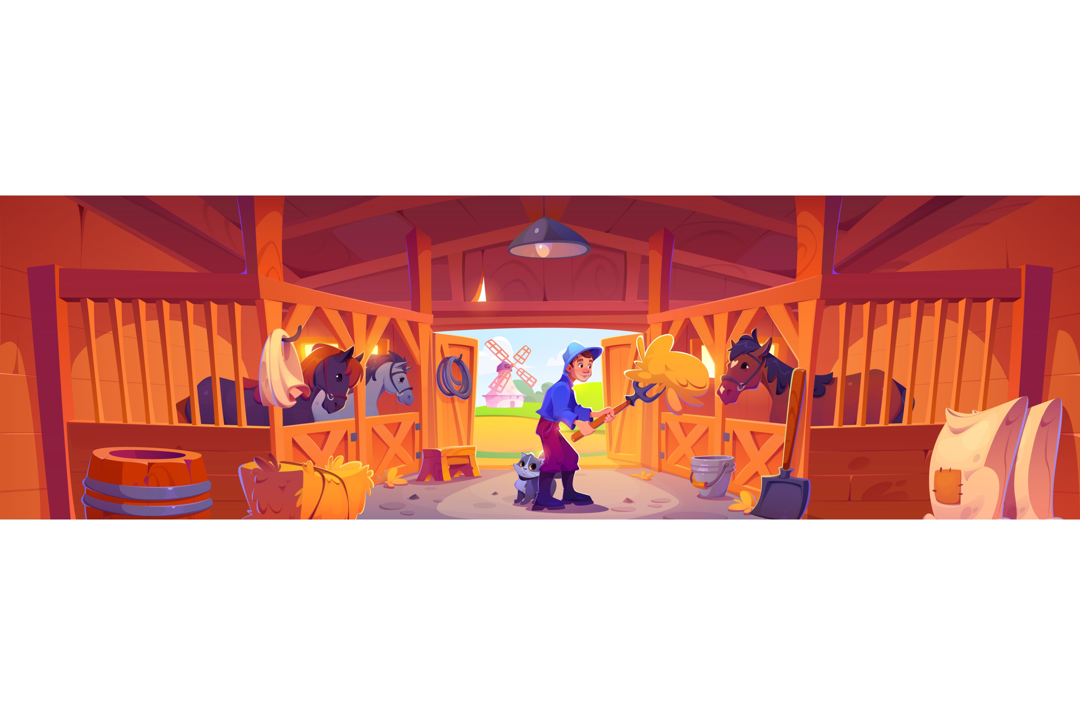 Horse stable with farmer and animals, an Animal Illustration by art PVP ...