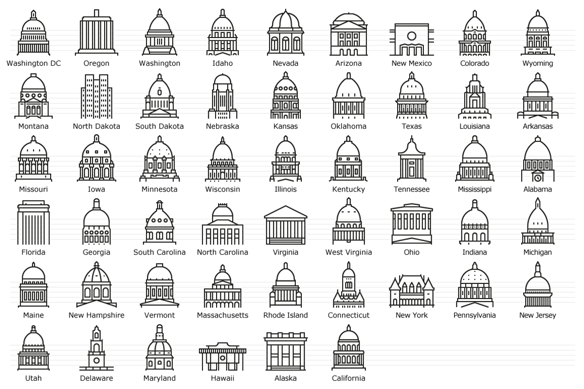 US State Capitols Icon Set, an Outline Icon by Jozsef Balazs-Hegedus