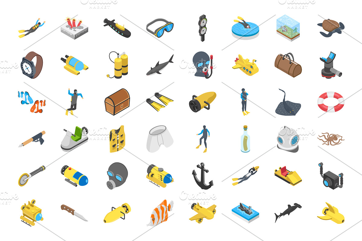60 Scuba Diving Isometric Icons, an Icon by Vectors Market | Creative ...