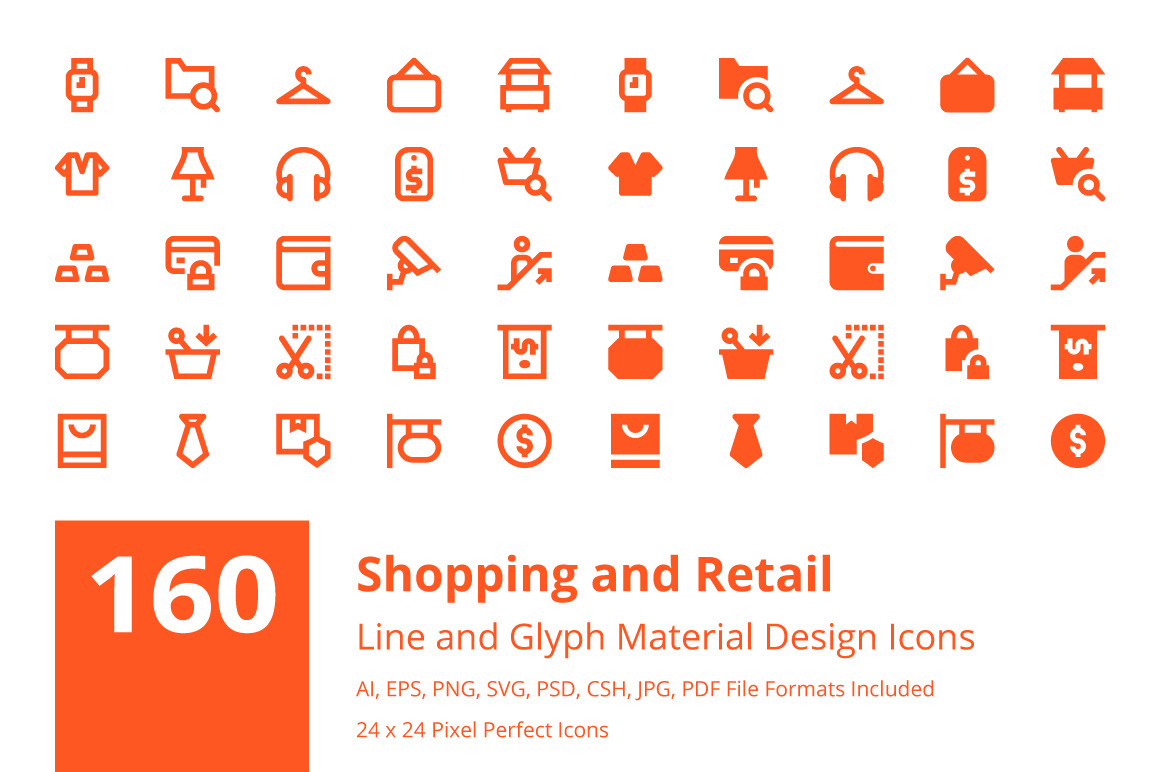 160 Shopping Material Design Icons, an Outline Icon by Creative Stall