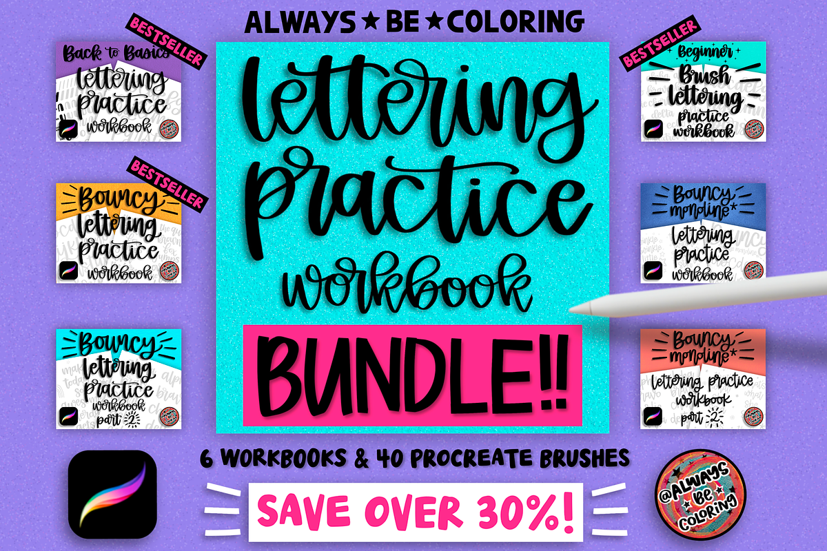 Lettering Practice Workbook Bundle, a Brush Add-On by AlwaysBeColoring
